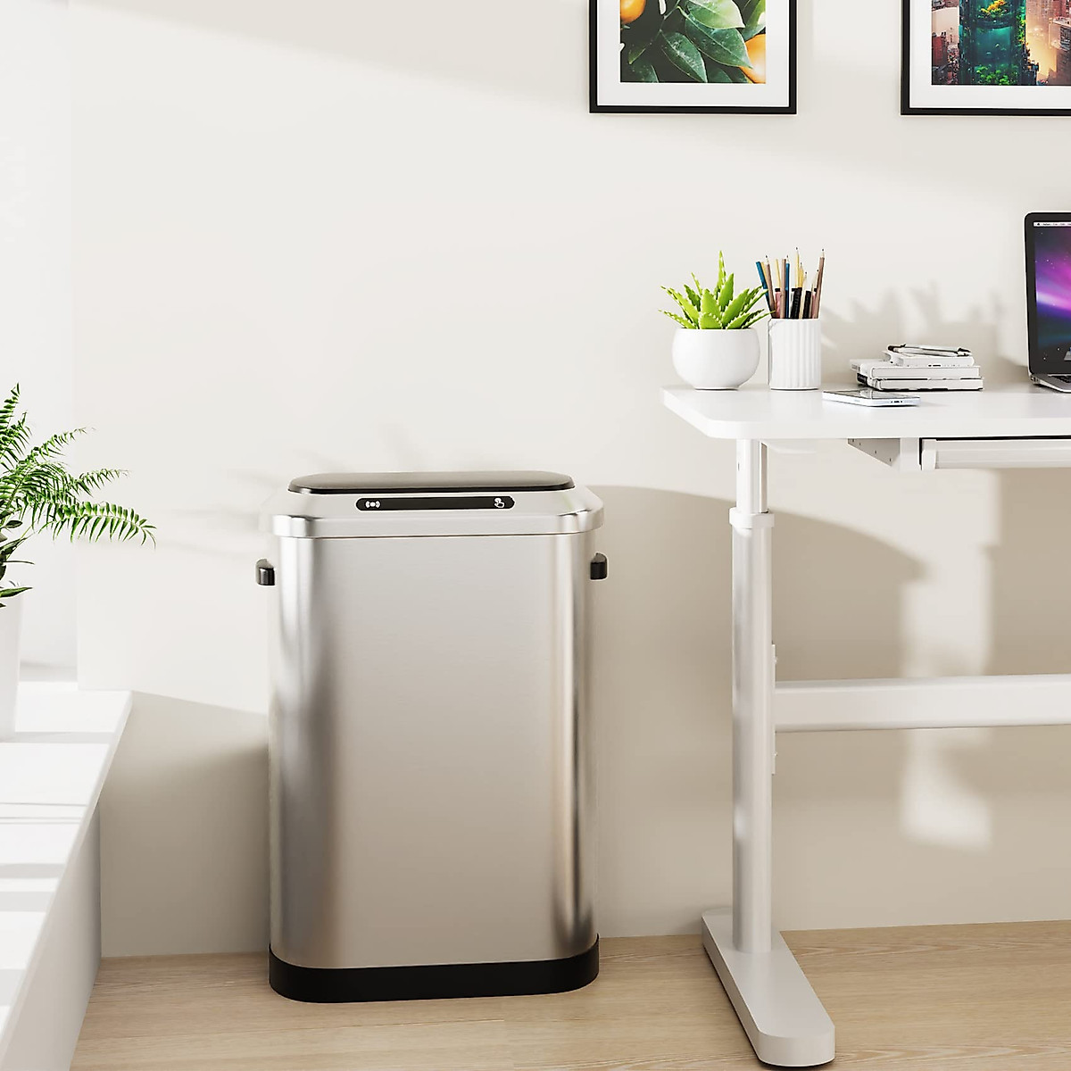 pouseayar 13Gallon 50L Stainless Steel Smart Trash Can with Motion Sensor Super Quiet Lid and 30 Garbage Bags, Perfect for Kitchen, Home, Office - Silver