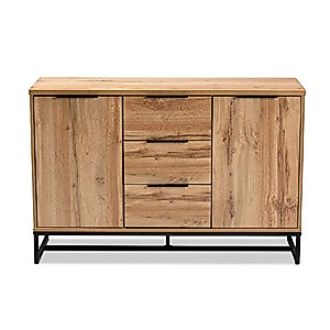 Baxton Studio Reid Oak Finished Wood Black Metal 3-Drawer Sideboard Buffet