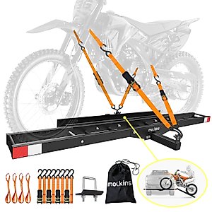 Mockins 500 lb Capacity Anti Tilt Motorcycle Hitch Carrier Set | 73" Dirt Bike Hitch Hauler | Heavy Duty Steel Motorcycle Rack for Hitch | Dirt Bike Hitch Carrier & Ramp, Straps, Stabilizer