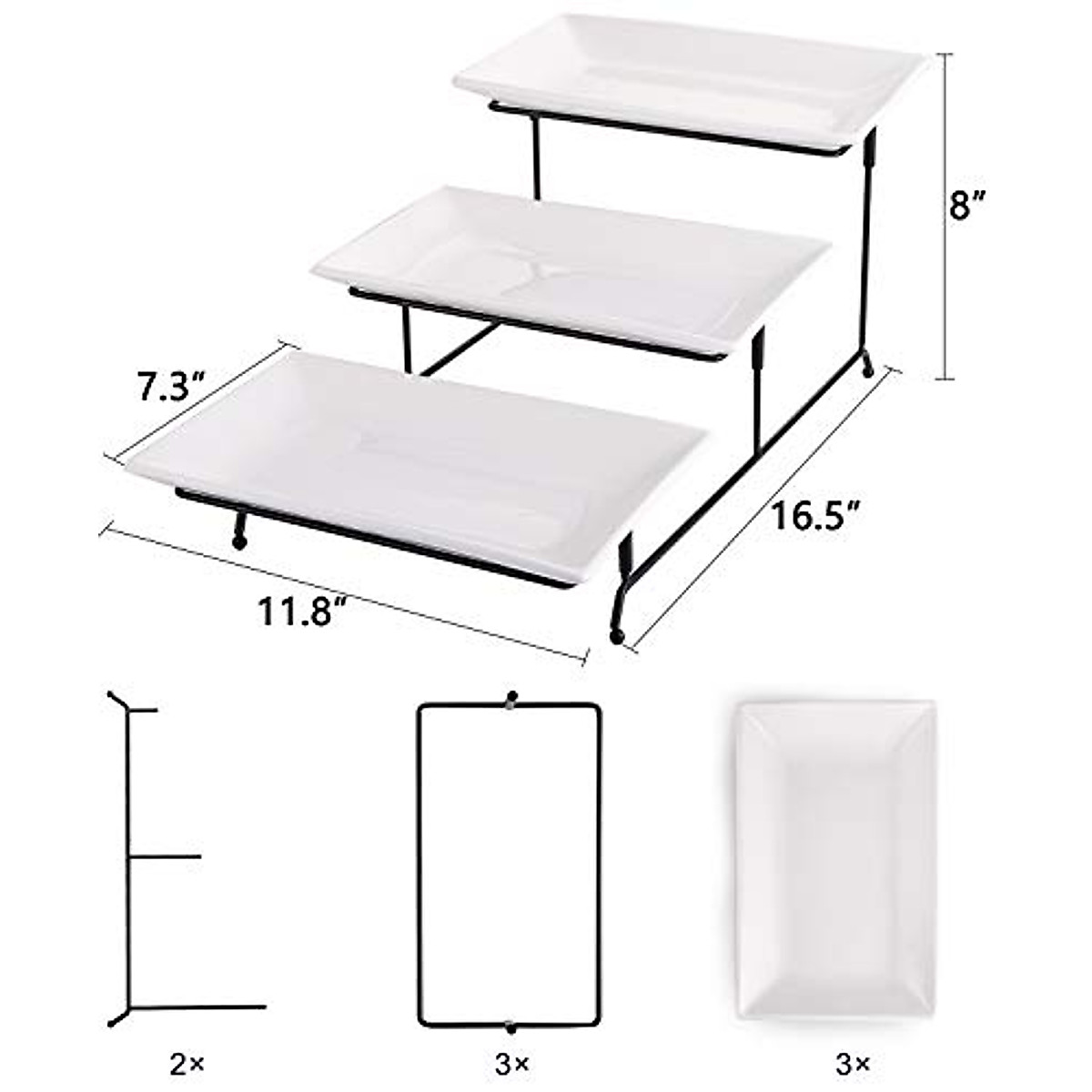 Lawei 3 Tier Serving Stand Porcelain Serving Platters, 12 Inch Rectangle White Plates with Collapsible Sturdier Rack, Three Tiered Cupcake Tray Serving Display Plate Rack for Weddings Parties Birthday