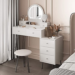 Fameill Makeup Vanity Desk with Lighted Mirror,White Vanity Table Set with Round Mirror,3 Color Touch Screen Dimming Mirror,7 Drawers Bedroom Dressing Table with Soft Cushioned Stool