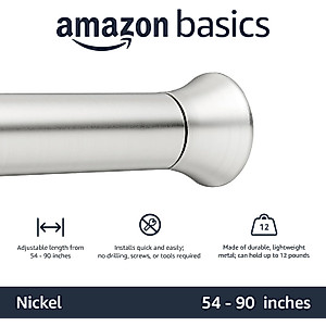 Amazon Basics Tension Curtain Rod, Adjustable 54-90" Width - Nickel, Classic Finial