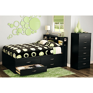 South Shore Step One Bookcase Headboard with Compartment Storage, Full 54-inch, Pure Black