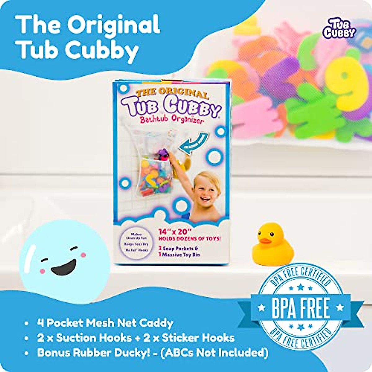 Original Tub Cubby Bath Toy Storage - Hanging Bath Toy Holder, with Suction & Adhesive Hooks, 14"x20" Mesh Net Shower Caddy for Kids Bathroom Decor, Bedroom & Car Toy Organizer - Bonus Rubber Duck & Hooks