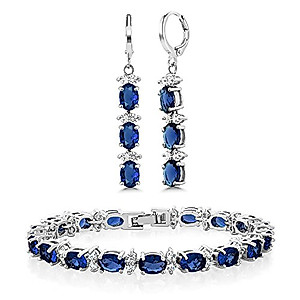 Gem Stone King 7 Inch Blue and White CZ Tennis Bracelet Set With Matching 2 Inch Oval Dangle Earrings For Women