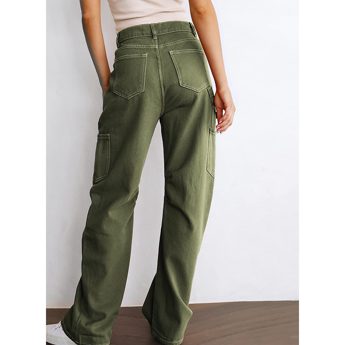 Dokotoo Cargo Pants Women High Waisted Baggy Wide Leg Dress Pants Women Womens TrousersPants Straight Leg Jeans for Women Trendy Baggy Y2K Trousers with Pockets Green