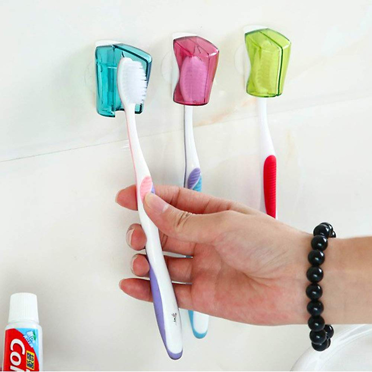 6 Pack Travel Toothbrush Head Covers with Suction Cup Electric and Manual Toothbrush Cover Clip Portable Plastic Toothbrush Protector Cap Brush Pod Case for Traveling, Camping, Bathroom, Home, School