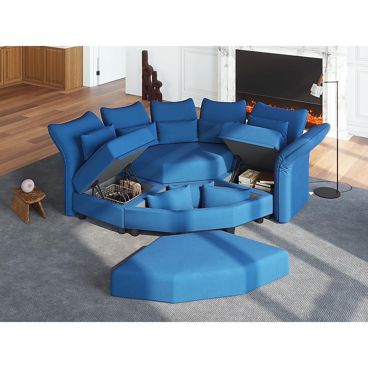 LLappuil Oversized Sleeper Sectional Sofa Couch, 91" 4-Seater Bed Shaped Modular Sectional Sofa with Storage Chaise, High Back Recliner Velvet Couches, Anti-Scratch Blue