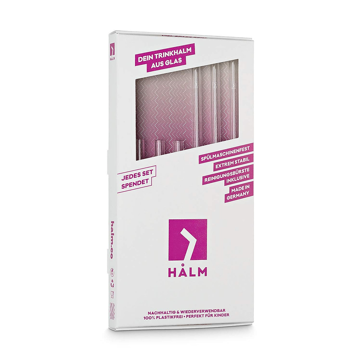 HALM Glass Straws - Variety Pack: 6 Reusable Drinking Straws in 2 Sizes + Plastic-Free Cleaning Brush - Made in Germany - Dishwasher Safe - Eco-Friendly - Perfect for Smoothies, Cocktails