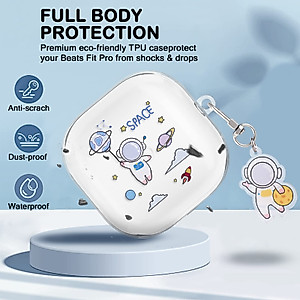 Cute Astronaut Case for Beats Fit Pro 2021 New Earbuds with Spacemen Keychain for Men Kids Boys Girls Gift Clear Kawaii Smooth Soft Silicone Shockproof Protective Cover Compatiable with Beats Fit Pro