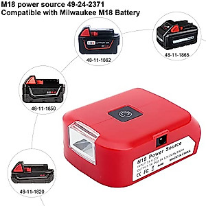 Elefly M18 Dual USB Charger Adapter Replacement for Milwaukee M18 Power Source 49-24-2371 with LED Work Light, Compatible with Milwaukee M18 Battery 48-11-1850 48-11-1862 48-11-1820