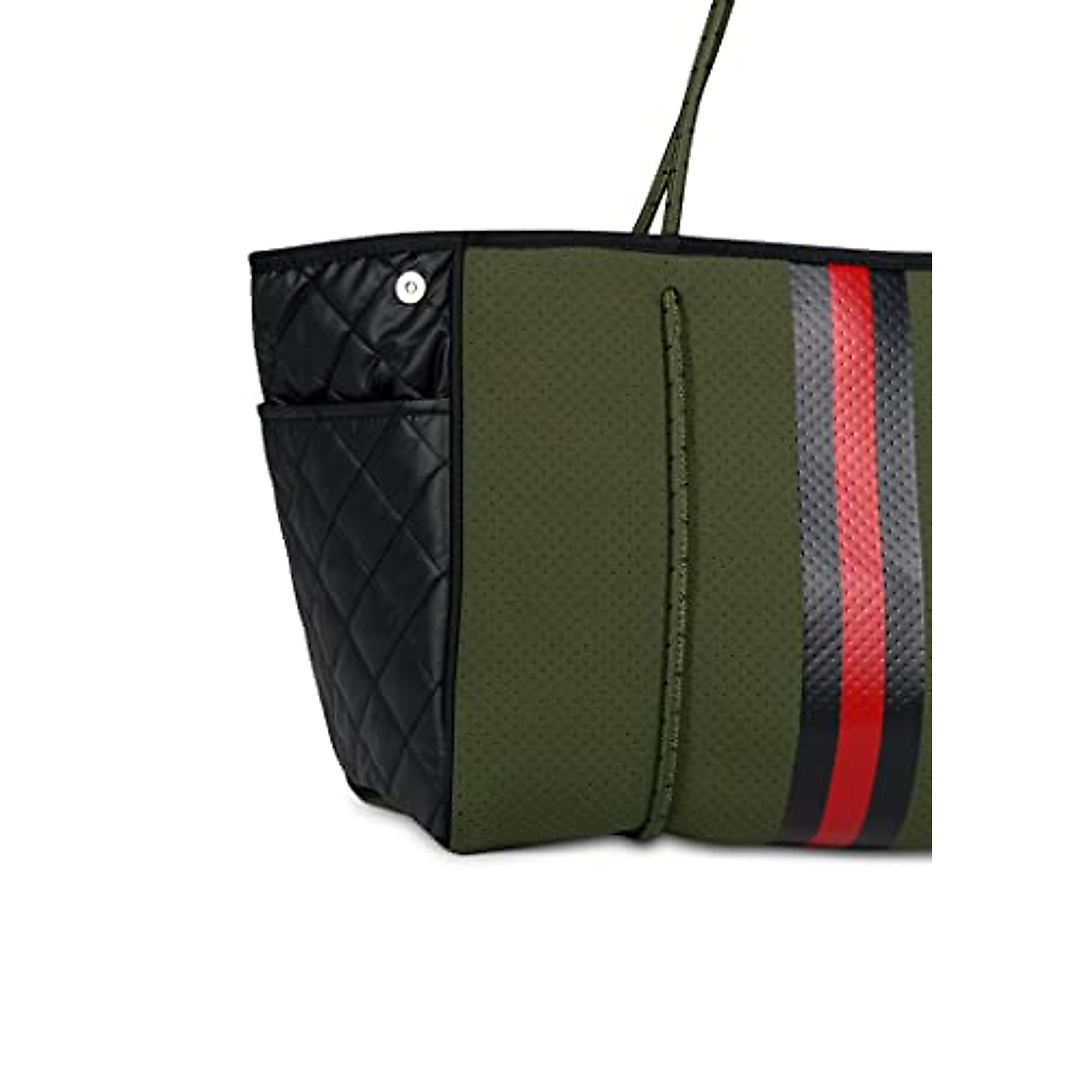 Haute Shore - Greyson Avenue Neoprene Tote Bag w/Zipper Wristlet Inside, Army W/Black & Red Stripe