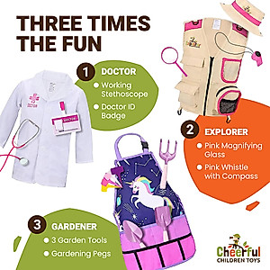 Cheerful Children Toys Girls Dress Up Clothes for Play - 16 Pcs 3 Costume Set - Kids' Dress Up & Pretend Play - Little Girls 3-7 Years - Gardener, Explorer, Doctor Costume Set