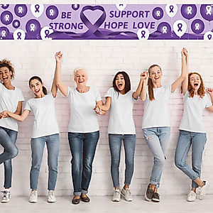 WANDIC 9.84 * 1.64ft Purple Ribbon Pattern Large Banner, 1PC Long Banner Outdoor Hanging Sign Backdrop Decor for Lupus Alzheimer's Pancreatic Cancer Awareness