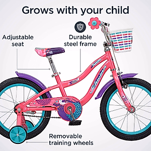 Schwinn Jasmine Kids Bike with Training Wheels, 16-Inch Wheels, Front Basket, Coaster and Hand Brakes, Pink