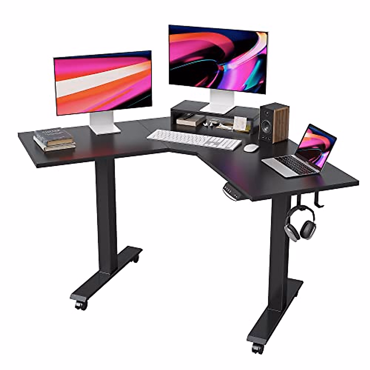 FEZIBO Dual Motor L Shaped Electric Standing Desk, 48 Inches Corner Sit Stand Desk, Home Office Adjustable Height Desk with Black Top and Black Frame