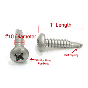 Bolt Dropper 10 x 1 Self Tapping Stainless Steel Metal Screw, (100 Set) Phillips Pan Head Self Drilling, 410 SS, Corrosion Resistant Choose Size
