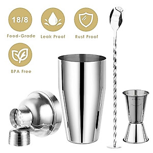 Arora 24OZ Cocktail Shaker Mixer Set, 3Pcs Bar Acccessories Including Martini Shaker, Long Handle Mixing Stirring Spoon, Cocktail Jigger for Bartending, Ideal Mixology Bartender Kit Home Bar Gift