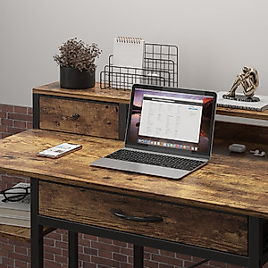 Treesland Computer Desk, 47" Office Desk with Monitor Shelf, Dual Tiers Home Office Gaming Desk with Drawers, Work Desk with Double-Layer Storage Rack, Stable Writing Desk, Rustic Brown