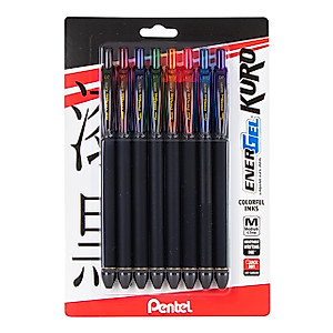 Pentel EnerGel Kuro Liquid Gel Pen, (0.7mm) Medium line, Assorted Ink, 8 Pack (BL437R1BP8M)