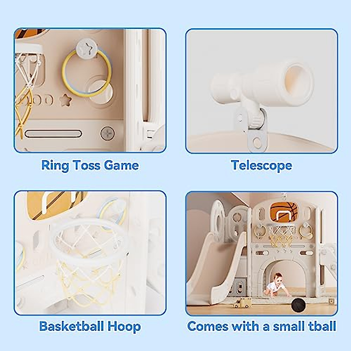 Toddler Slide, 8 in 1 Toddler Indoor Outdoor Playset with Slide, Climber, Basketball Hoop and Ball, Tunnel Crawl, Telescope and Storage Space, Kids Playground Sets for Backyards & Indoor (Coffee)