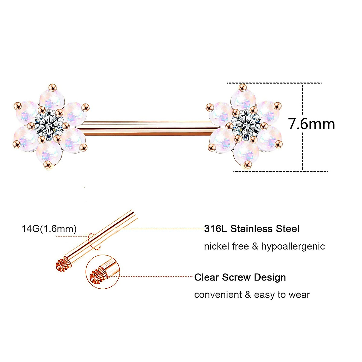 BODY16G CZCZ 14G Flower Nipple Rings 316L Stainless Steel Nipple Ring Opal Nipple Barbell Nipple Piercing Jewelry for Women