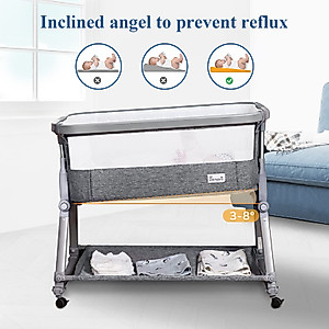 Baby Bassinet Bedside Sleeper for Baby, Li’l Pengyu Foldable Bassinet with Rocking Cradle Mode, Free-Installation & Quick-Folding Bedside Crib, Come with Comfy Mattress and Portable Bag (Mesh)