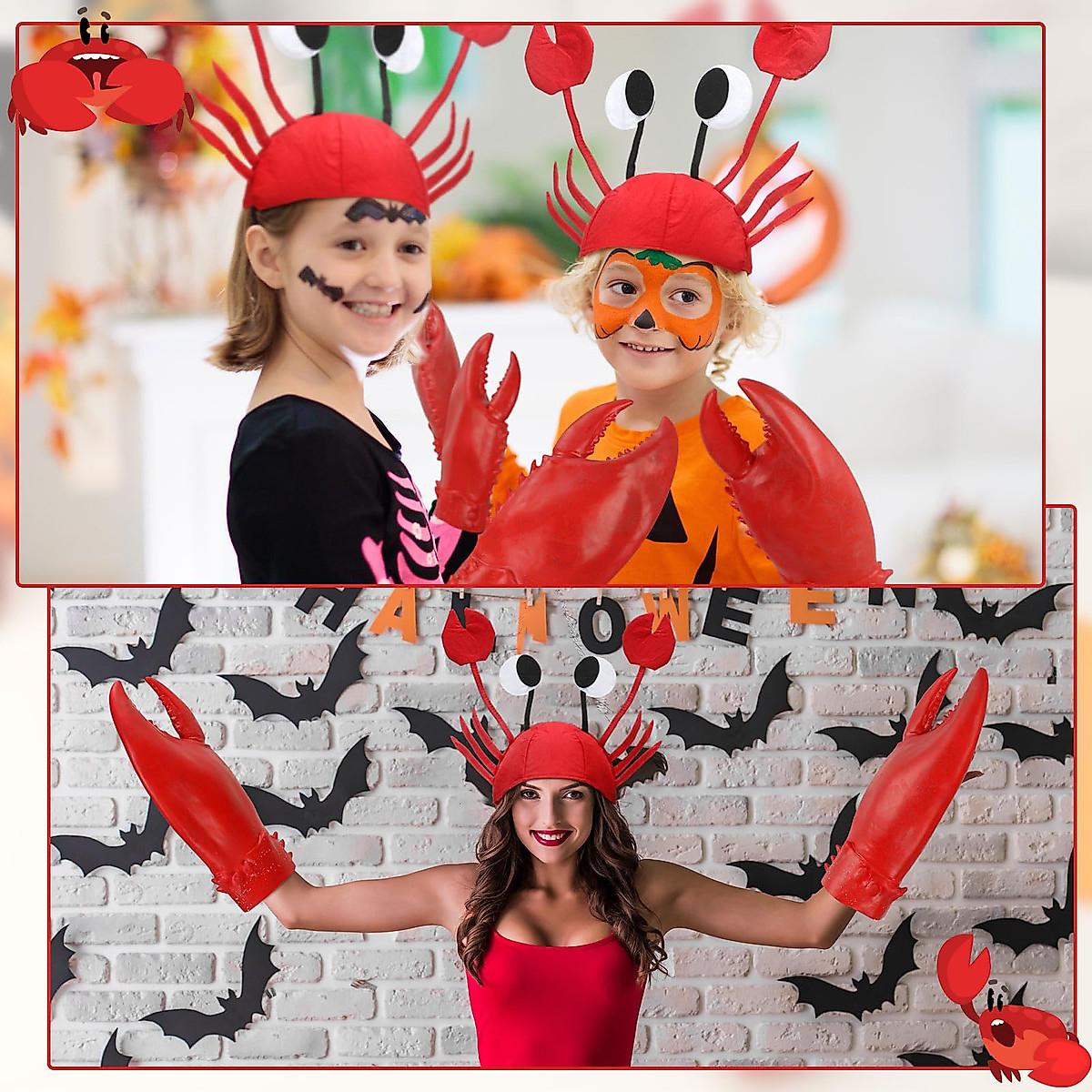 Newcotte 2 Pcs Halloween Crab Lobster Costume Set Funny Hat Latex Giant Crab Claws Gloves for Men Women Cosplay Party(Crab Style)