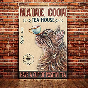Maine Coon Cat Tea House Retro Metal Tin Sign Vintage Sign for Home Coffee Garden Wall Decor 8x12 Inch