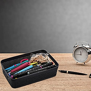 Frcctre 9 Pack Plastic Storage Baskets, Small Plastic Woven Storage Basket with Handles, Stackable Desktop Organizer Bins for Home, Kitchen, Pantry, Office, School, Classroom, 9.75"LX6.4"WX2.4"H