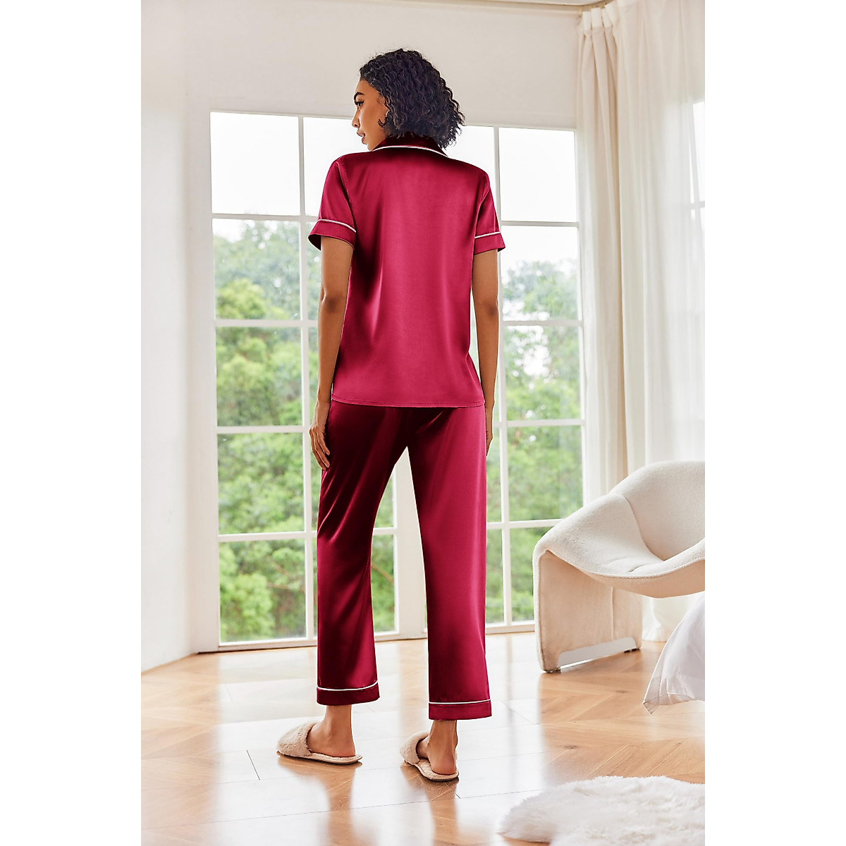 Ekouaer Silk Satin Pajamas Set Women Short Sleeve Sleepwear Soft Button Down Loungewear Pjs Set Wine Red XX-Large