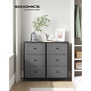 SONGMICS Dresser for Bedroom, Chest of Drawers, 6 Drawer Dresser, Closet Fabric Dresser with Metal Frame, Gray and Black with Wood Grain ULTS323G22, 11.8”D x 31.5”W x 27.1”H