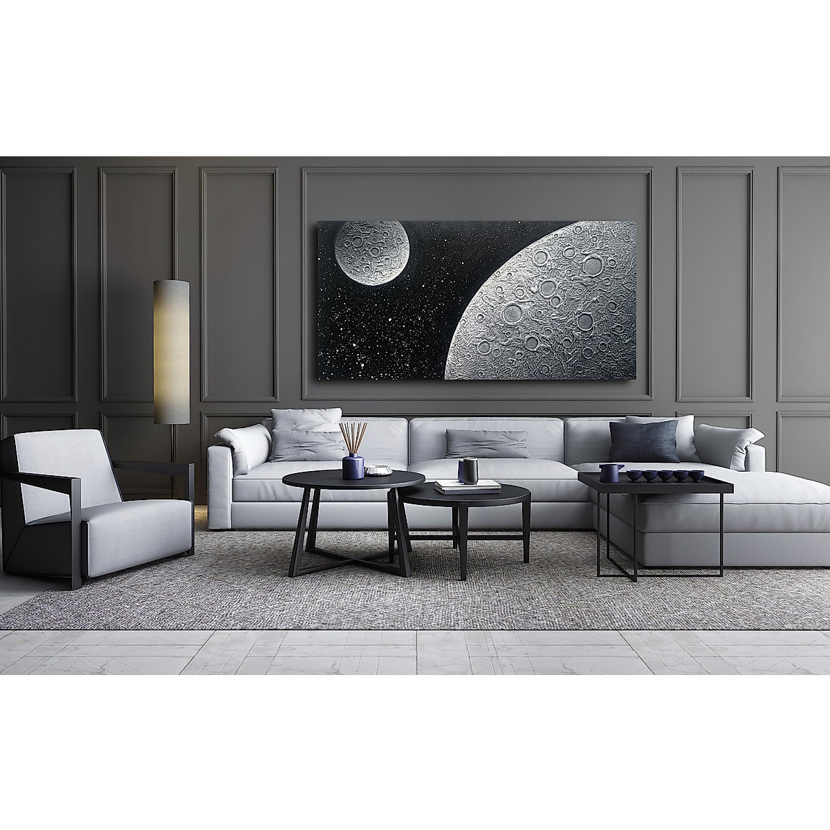Landswaydecor Black and Grey Wall Art Moon Surface Canvas Oil Painting Home Decor Hand Painted Modern Textured 3D Artwork for Bedroom Living Room