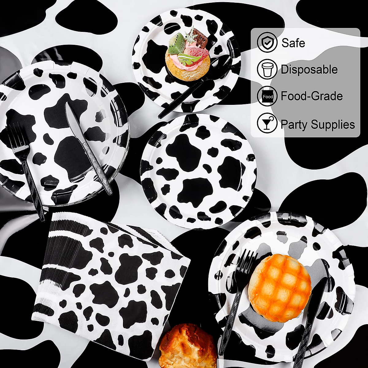 durony 169 Pieces Cow Print Party Tableware Serves 24 Include Party Plates Spoons Forks Knife Cups Napkins Cow Print Farm Animal Birthday Supplies for Baby Shower Farm Cow Themed Decorations