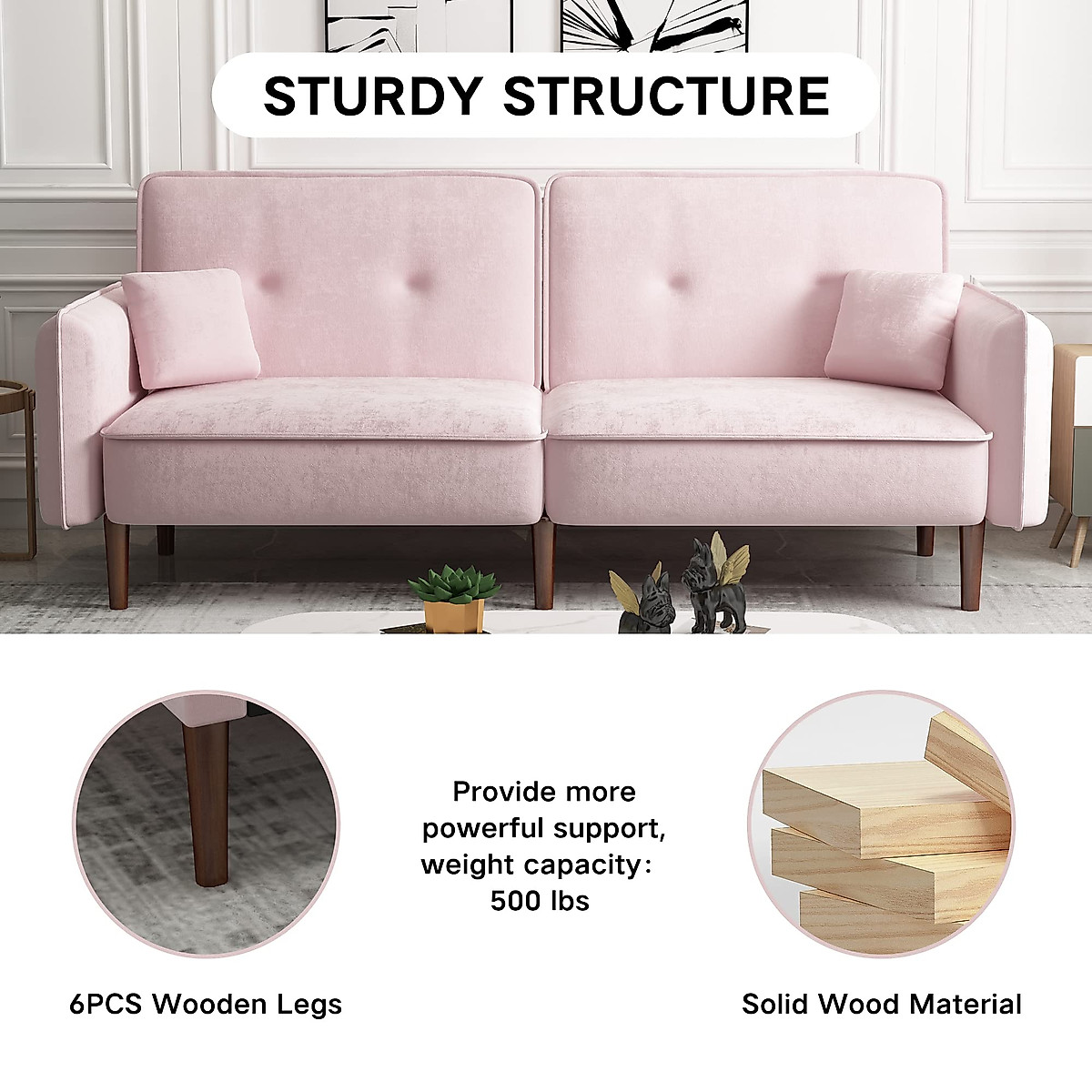 LOPOO Modern Convertible Sleeper Futon Sofa Bed with Solid Wood Legs, Stylish Fabric Upholstery, Foldable Loveseat Velvet Couch, Comfortable Foam Filling, 2 Side Pockets, 3 Positions, Pink