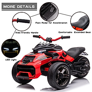 POSTACK Kids ATV, 24V Battery Powered Electric Car 3 Wheeler, Ride on Motorcycle for Kids with Rubber Plastic Polymerized EVA Tire, LED Lights, Music, Gift for Toddlers Boys Girls, Red