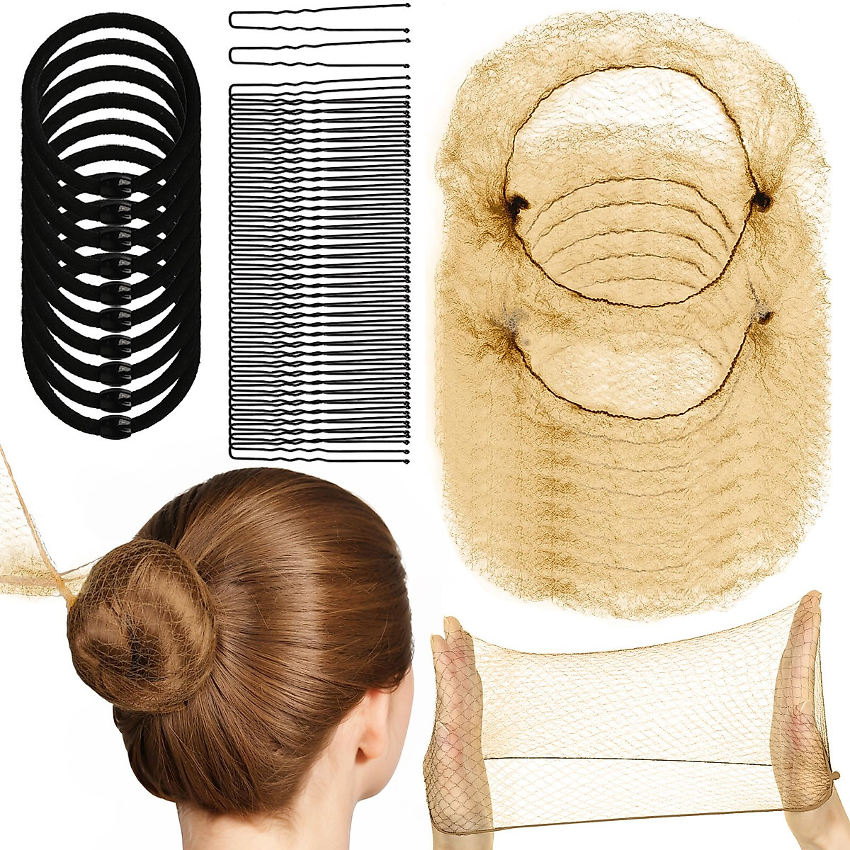YGDZ 50cm Hair Nets for Buns, 40pcs - Light Coffee Nylon Mesh Hair Accessories for Ballet Girls, Food Service, Sleeping, Wig, Women, Girls, with 40 U Shaped Bobby Pins, Hair Ties