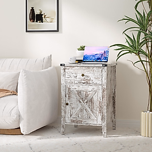 Betterhood Barnwood Rustic Farmhouse Nightstand Set of 2, Side Table with Barn Door and Drawers, Weathered Oak Style End Table for Bedroom, Grey Wash White (no Charging Station, 2)