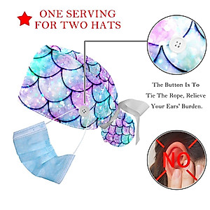 Podery Mermaid Scales Working Cap with Button & Sweatband, 2 Packs Reusable Surgical Surgery Hats Ponytail Holder, Multi Color, Multicolor, Medium-3X-Large