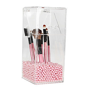 Jucoan Clear Acrylic Makeup Brush Holder with Lid, Pink Pearls, Cosmetic Makeup Brushes Holder with Cover, Brush Storage Organizer Case for Bathroom, Bedroom, Vanity, Countertop