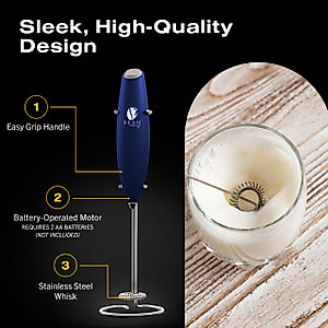 Bean Envy Milk Frother Handheld for Coffee - Electric Hand Blender, Mini Drink Mixer Whisk & Coffee Foamer Wand with Stand for Lattes, Cappuccino, Matcha and Hot Chocolate - Kitchen Gifts - Blue