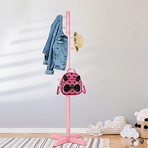 Azaeahom Cross Coat Rack Freestanding Clothing Hanger Home Racks, Wooden Coat Tree Stand with 8 Hooks 2 Adjustable Height, Easy Assembly in Entryway, Room for Hat, Umbrella etc (Pink)
