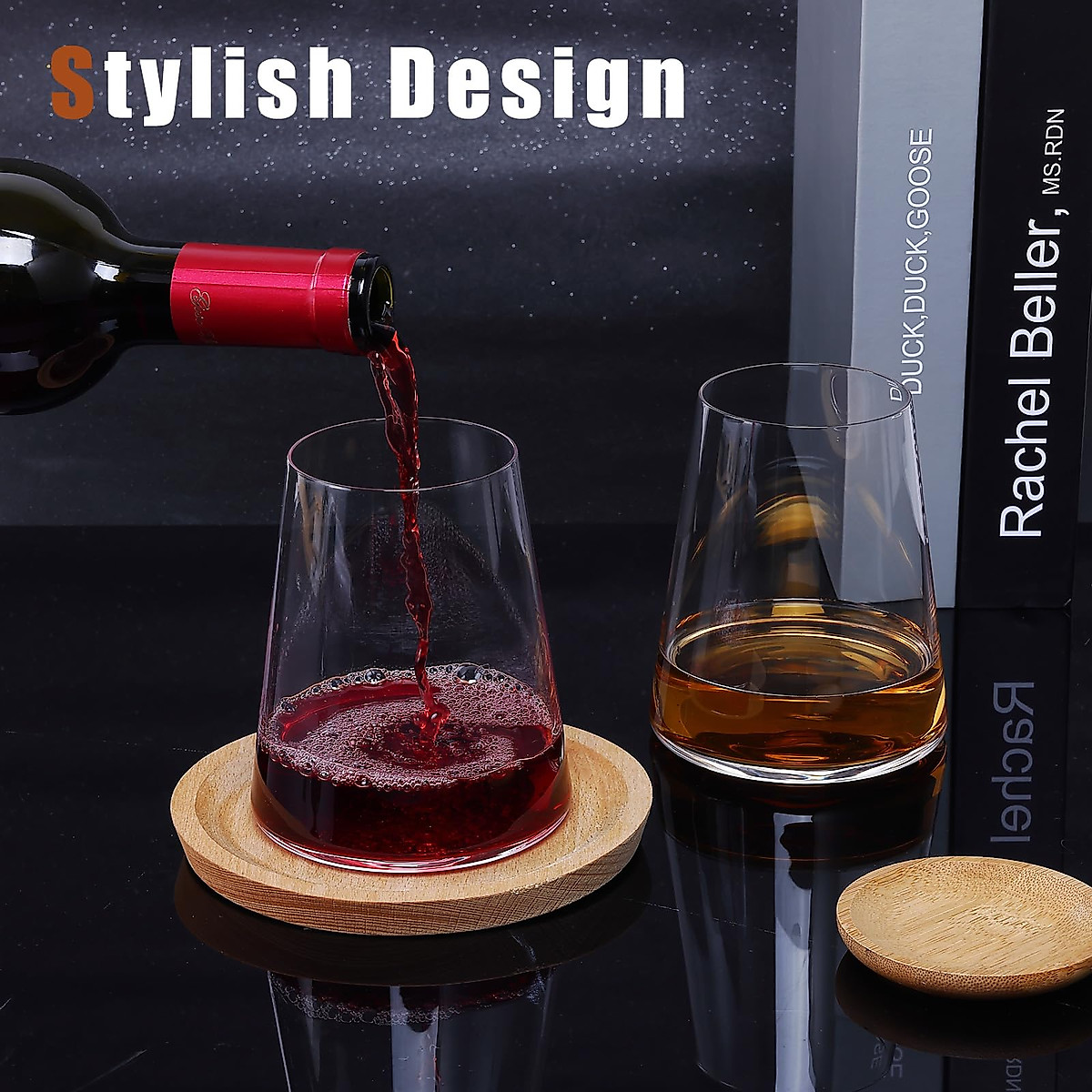 LUXULISH Stemless Wine Glasses Set of 6, Hand Blown Premium Crystal Red White Wine Glass - Modern Drinking Glasses for Women, Men, Wedding, Anniversary, Birthday - 18Oz