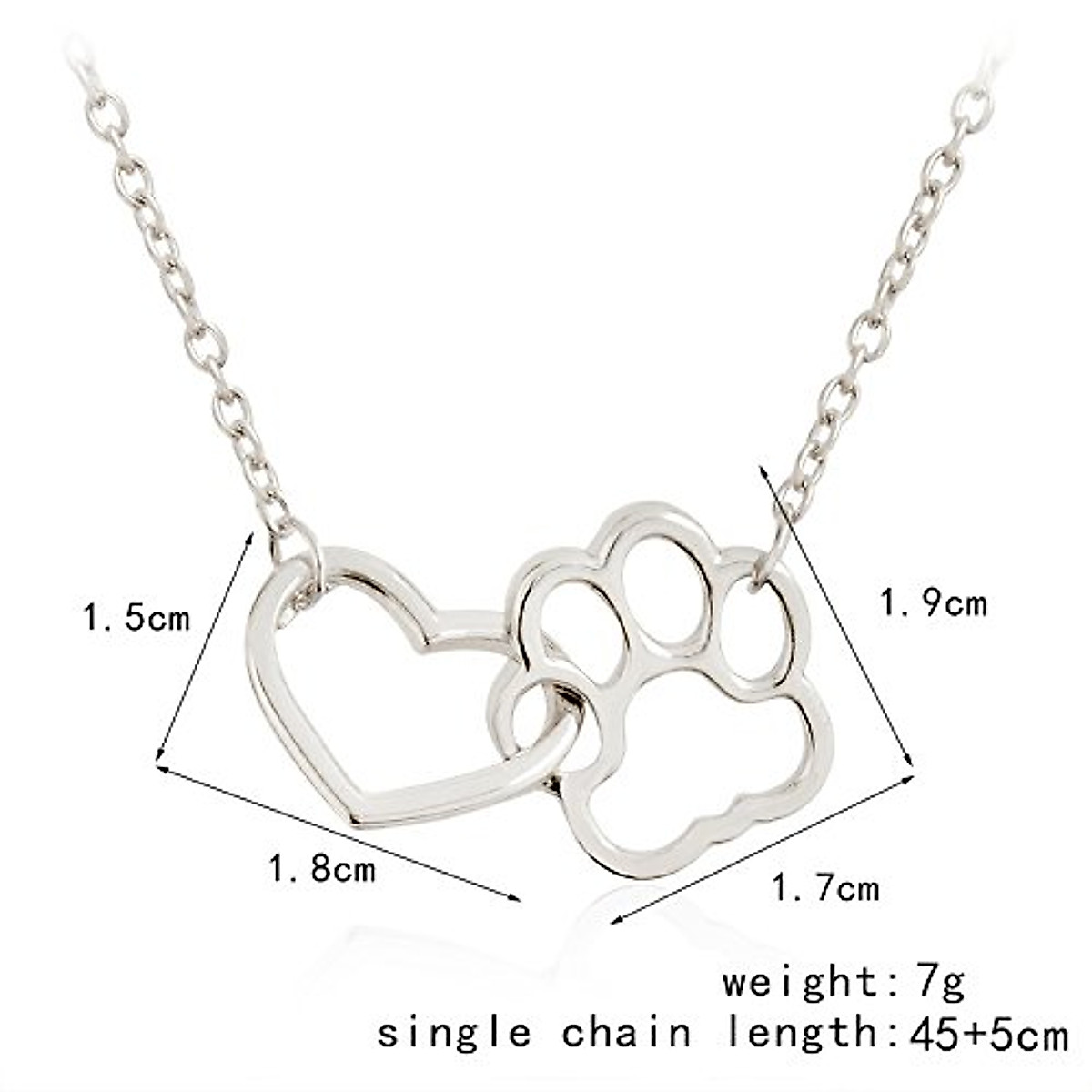 QIAN0813 Cat Dog Puppy Paw Print Stamped Pet Memorial Pendant Necklace Love Heart Necklace Jewelry (Silver)