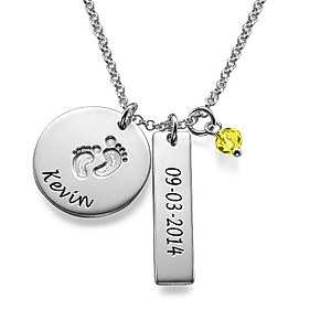 Personalized Baby Feet Bar Necklace with CZ Birthstone-Dangle Engraved Jewelry