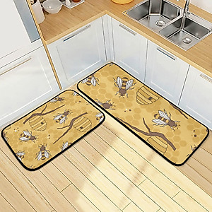ALAZA Bee on Yellow Background Kitchen Rug Set, 2 Piece Set, Non-Slip Floor Mat for Living Room Bedroom Dorm Home Decor, 19.7 x 27.6 Inch + 19.7 x 47.2 Inch