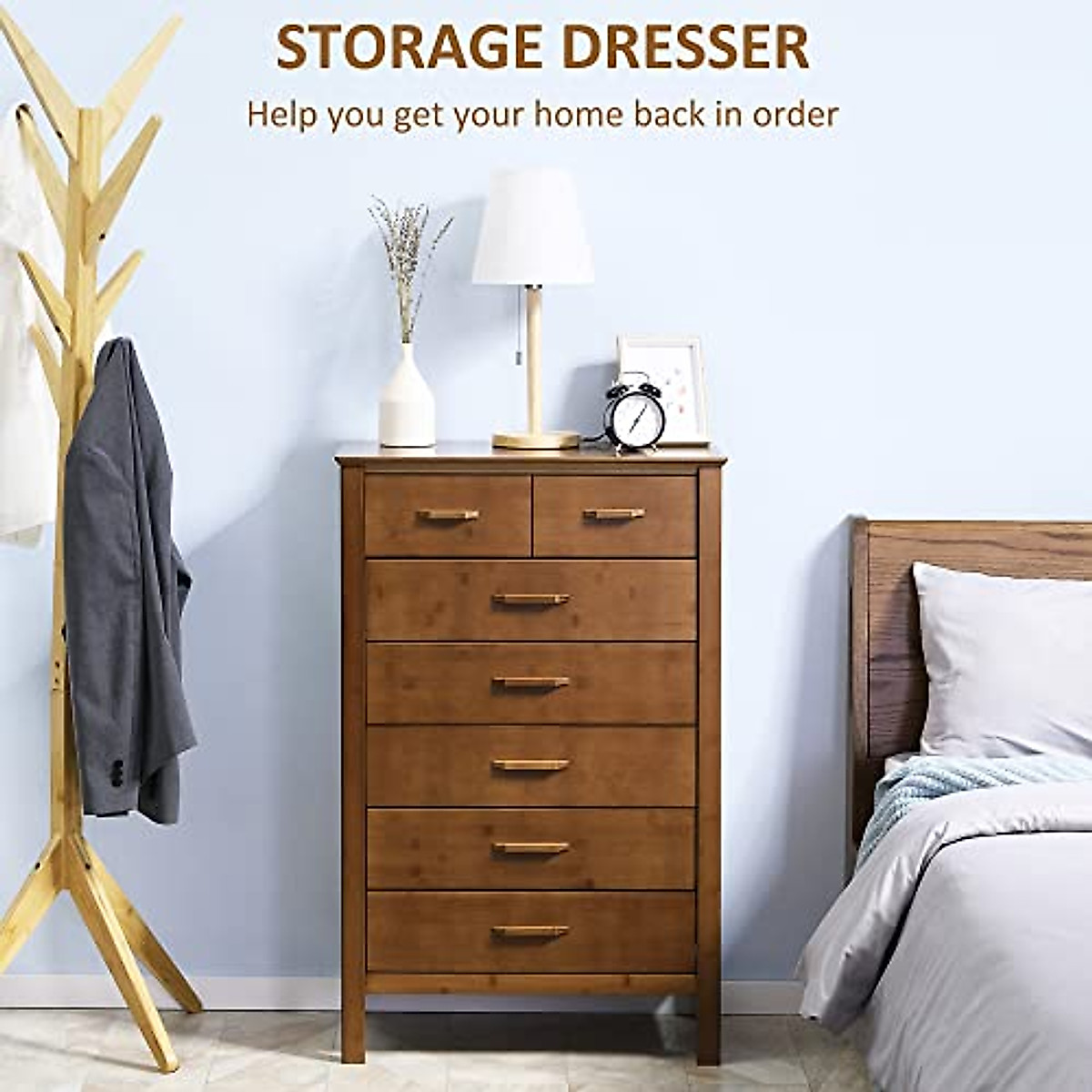 HOMCOM Tall Dresser for Bedroom, 7 Drawer Dresser, Chest of Drawers with Bamboo Frame, Brown