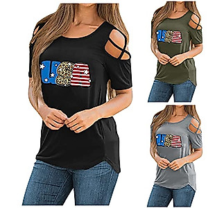 Womens Off-Shoulder Short-Sleeved T-Shirt American Flag Print Round Neck Basic Tee Casual Loose Independence Day Top (Black, S)
