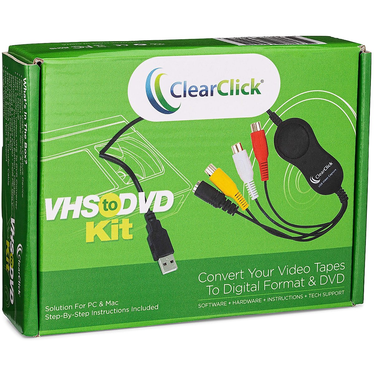 ClearClick VHS to DVD Kit for PC & Mac - USB Device, Software, Instructions, & Tech Support - Capture Video from VCR, VHS, Hi8, Camcorders, Gaming Systems