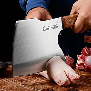 Carimee Meat Cleaver Butcher Axe Bone Knife Chopper Heavy Duty - 6.3'' Bone Cutting Knife Bone Breaker, Stainless Steel Thicken Blade & Pear Wood Handle, for Kitchen/Slaughterhouse